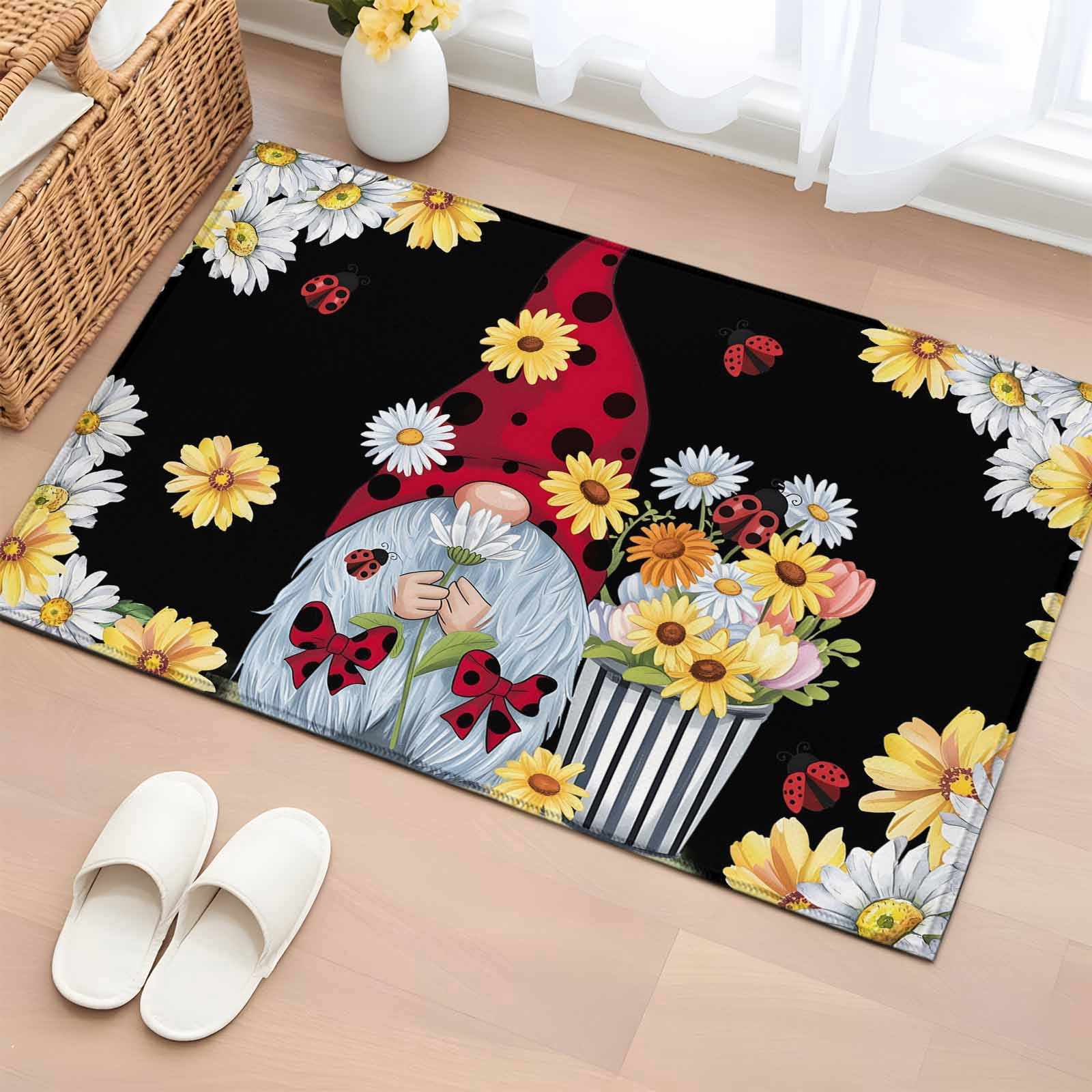 2x3 Ft Entryway Area Rug, Black Gnomes Daisy Kitchen Rug Runner ...