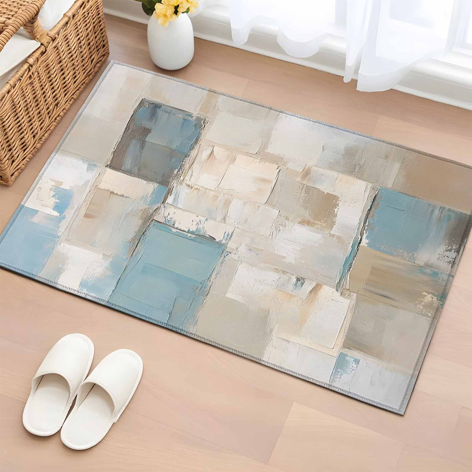2x3 Ft Entryway Area Rug, Blue Beige Color Blocks Kitchen Rug Runner ...