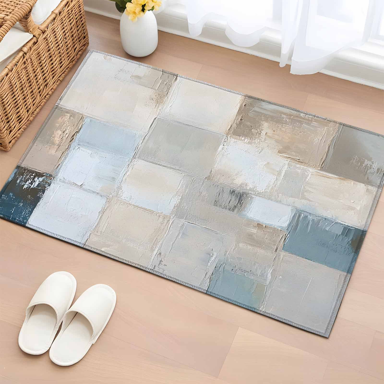 2x3 Ft Entryway Area Rug, Blue Beige Color Blocks Kitchen Rug Runner ...