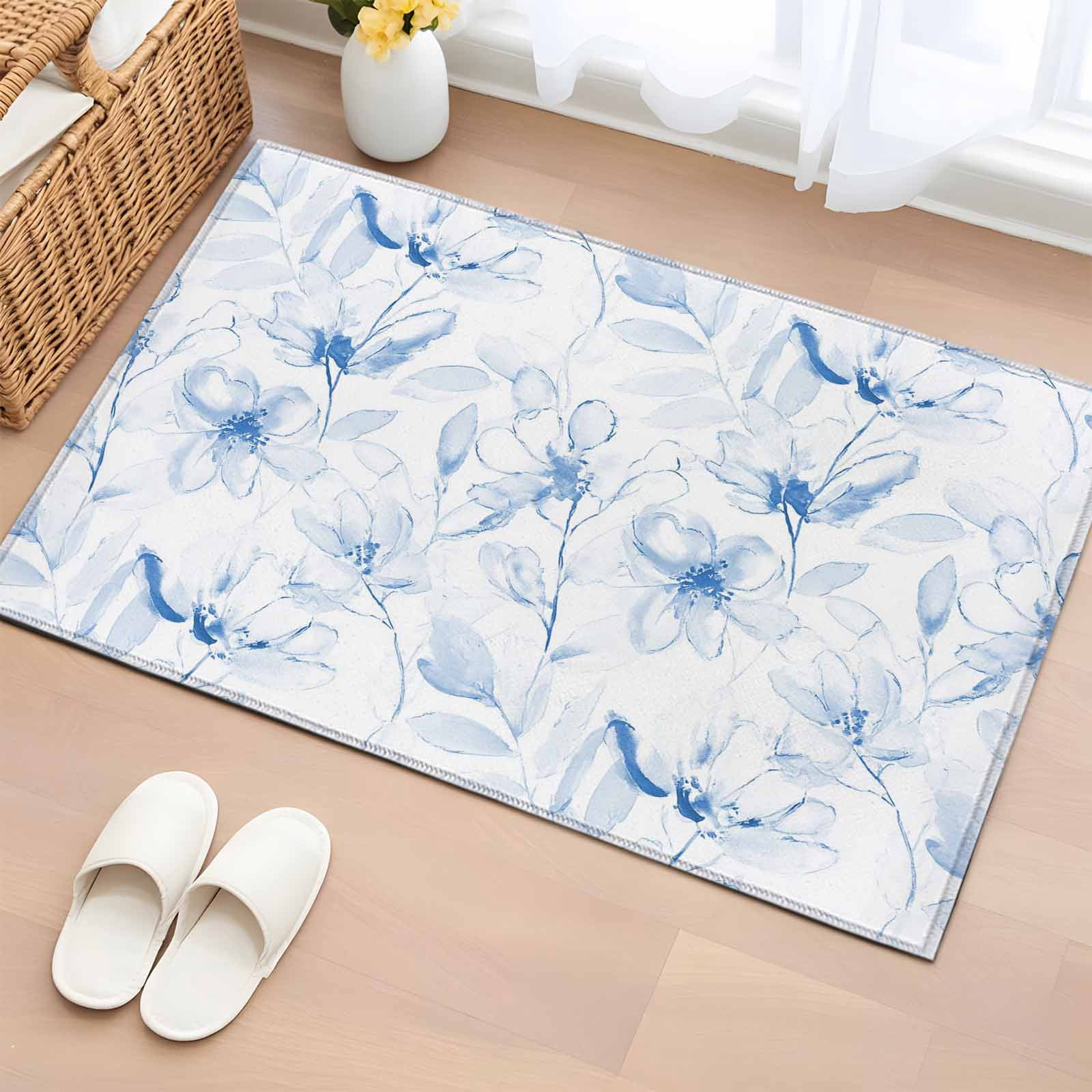 2x3 Ft Entryway Area Rug, Blue Flower Kitchen Rug Runner Washable Floor ...