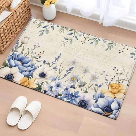 2x3 Ft Entryway Area Rug, Blue Flowers Kitchen Rug Runner Washable ...