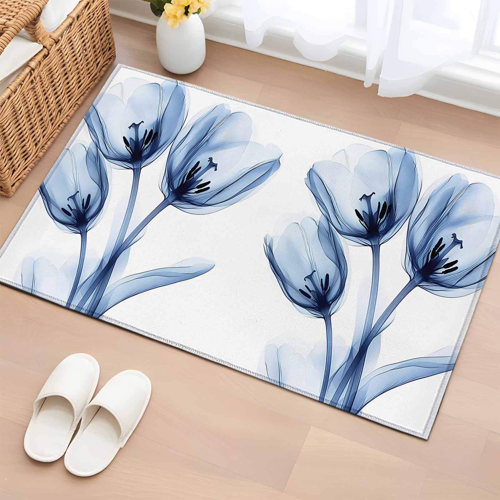 2x3 Ft Entryway Area Rug, Blue Flowers Kitchen Rug Runner Washable ...