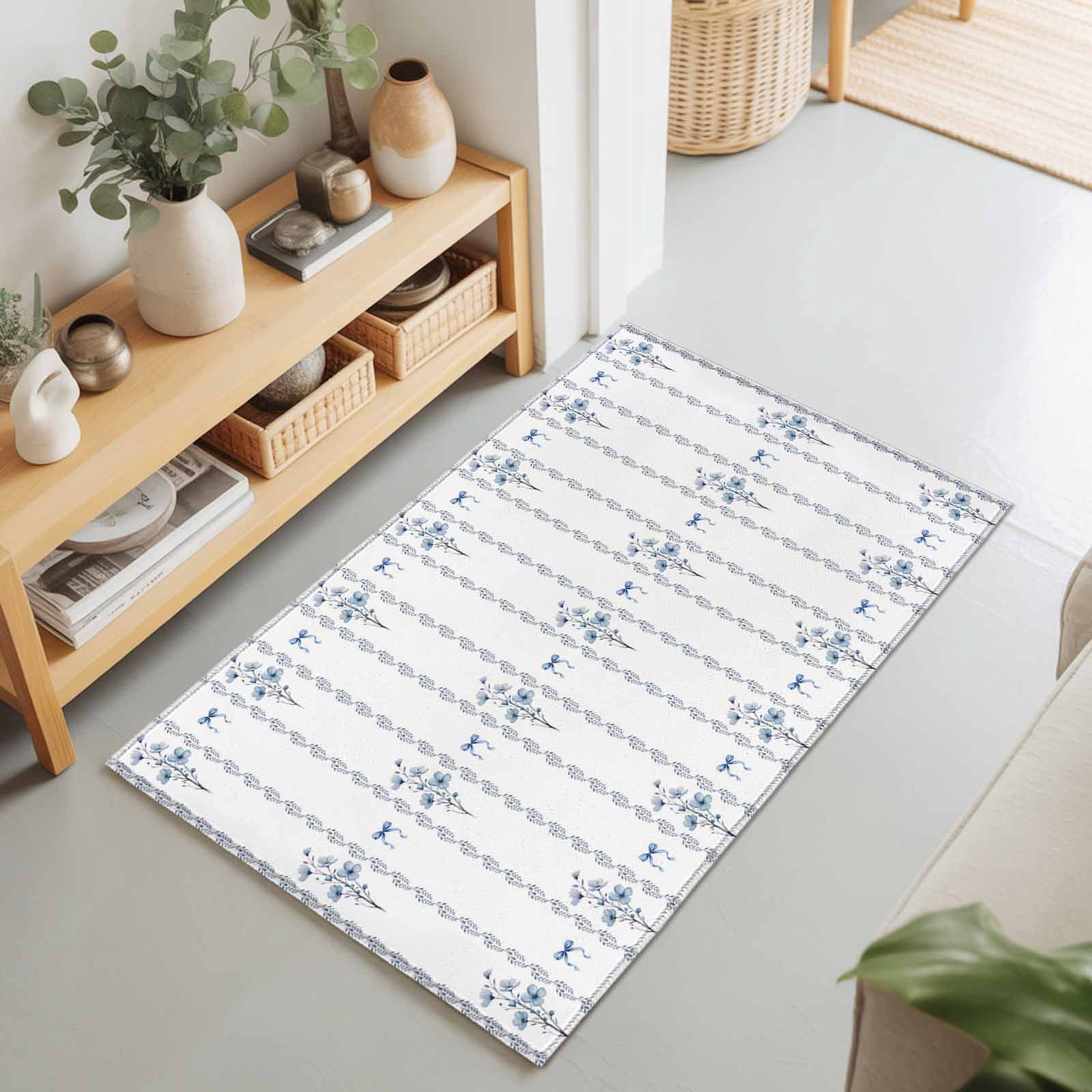 2x3 Ft Entryway Area Rug, Blue Flowers Kitchen Rug Runner Washable ...