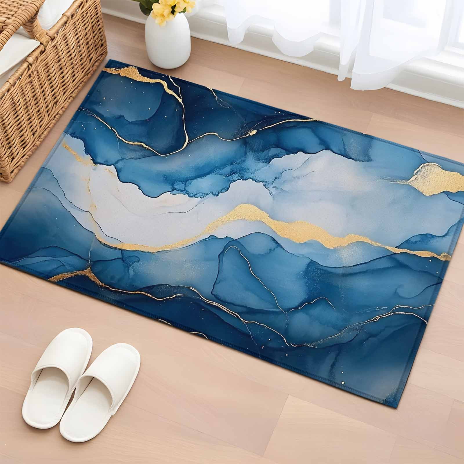 2x3 Ft Entryway Area Rug, Blue Marble Kitchen Rug Runner Washable Floor ...