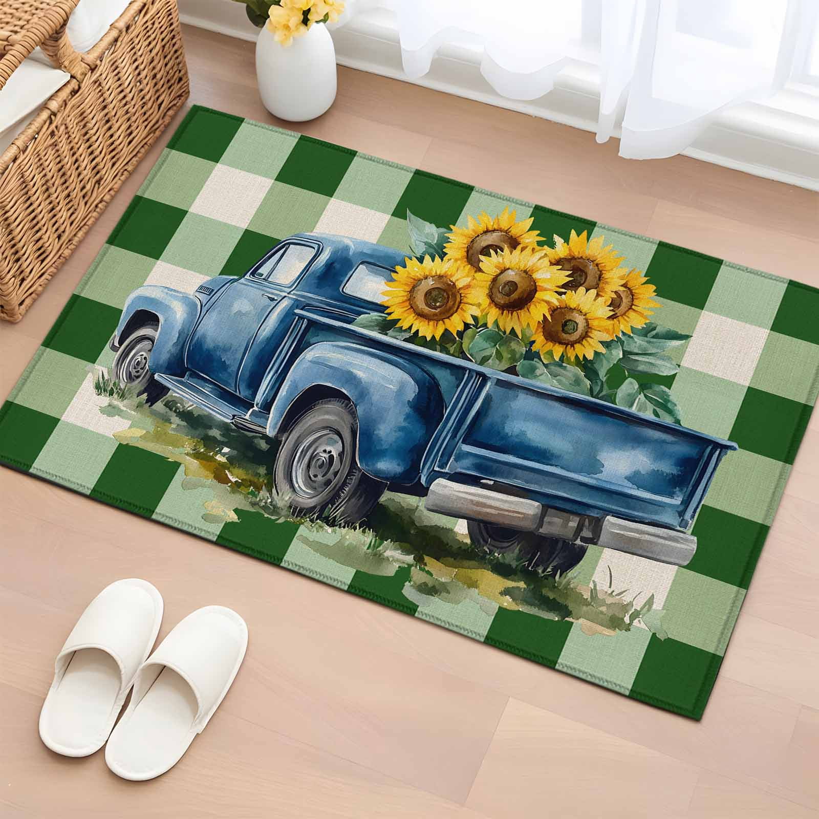 2x3 Ft Entryway Area Rug, Blue Truck Yellow Sunflower Kitchen Rug ...