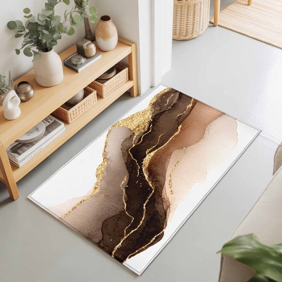 2x3 Ft Entryway Area Rug, Brown Gold Marble Kitchen Rug Runner Washable ...