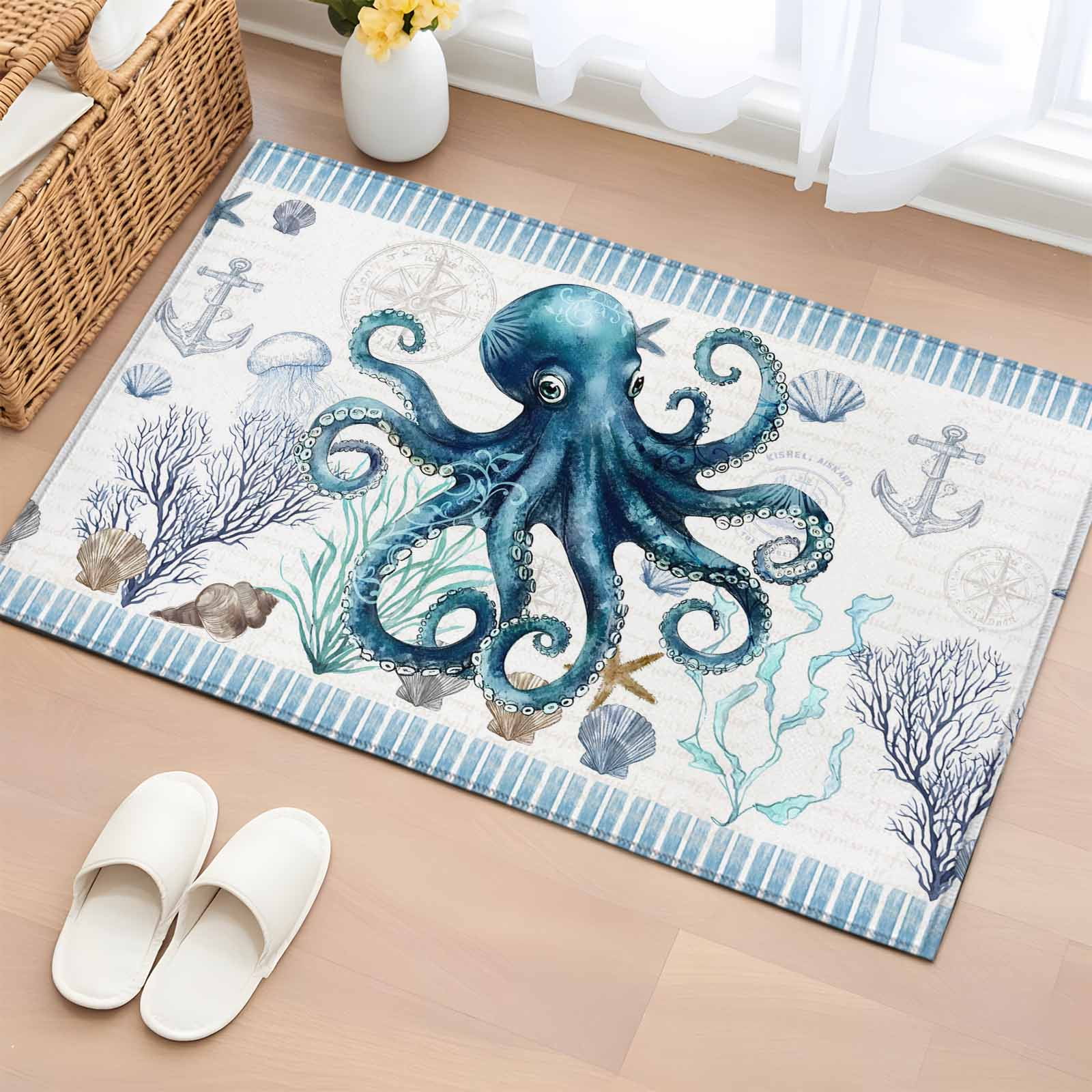 2x3 Ft Entryway Area Rug, Coastal Octopus Kitchen Rug Runner Washable ...