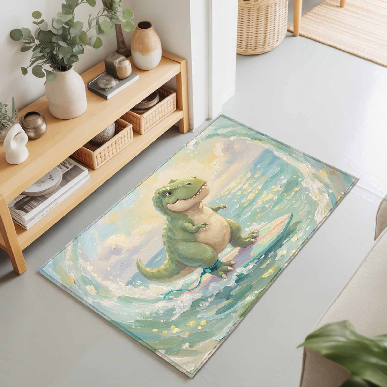 2x3 Ft Entryway Area Rug, Cute Dinosaur Surfing Kitchen Rug Runner ...