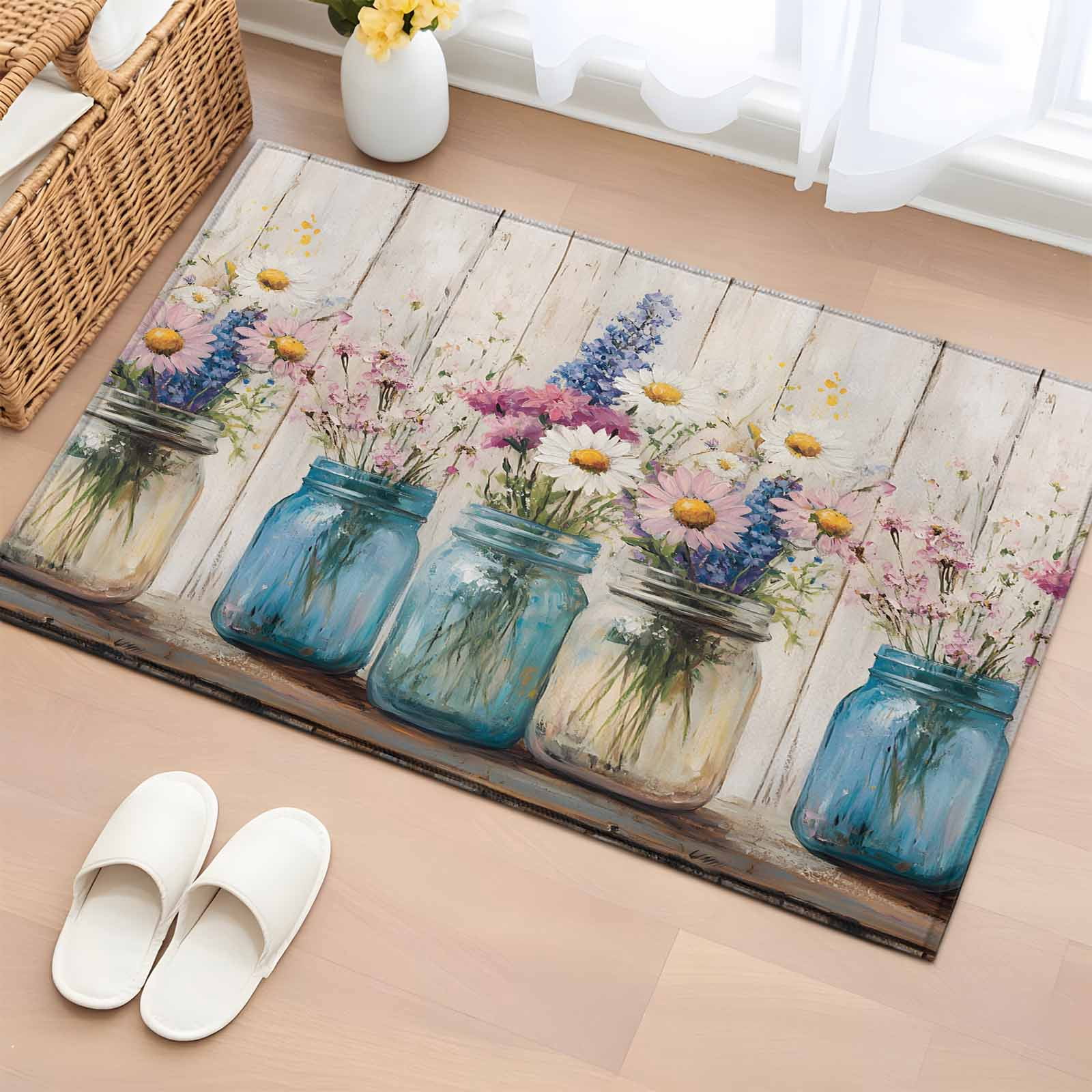 2x3 Ft Entryway Area Rug, Daisies Flowers Kitchen Rug Runner Washable ...