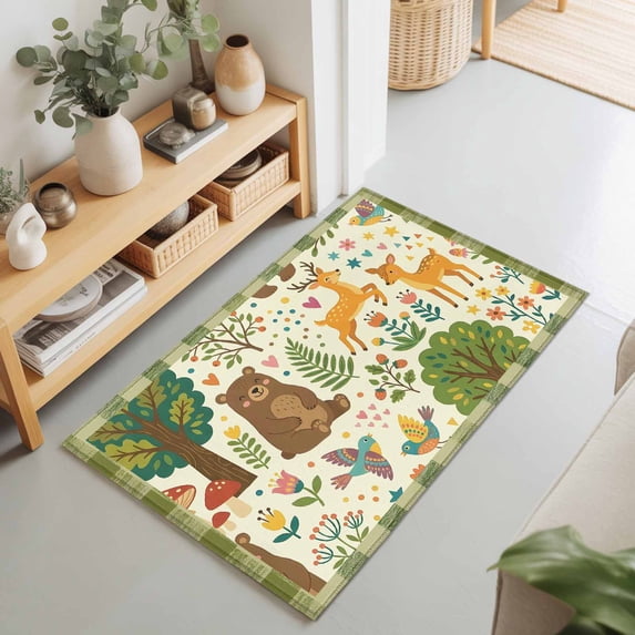2x3 Ft Entryway Area Rug, Green Beige Forest Animals Kitchen Rug Runner ...