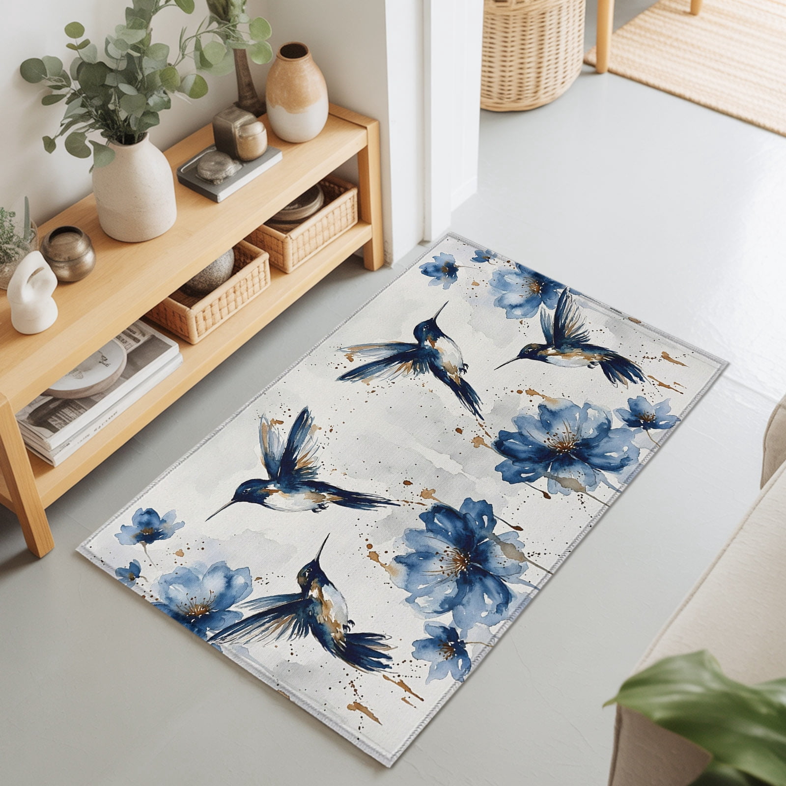 2x3 Ft Entryway Area Rug, Navy Blue Birds Flowers Kitchen Rug Runner ...