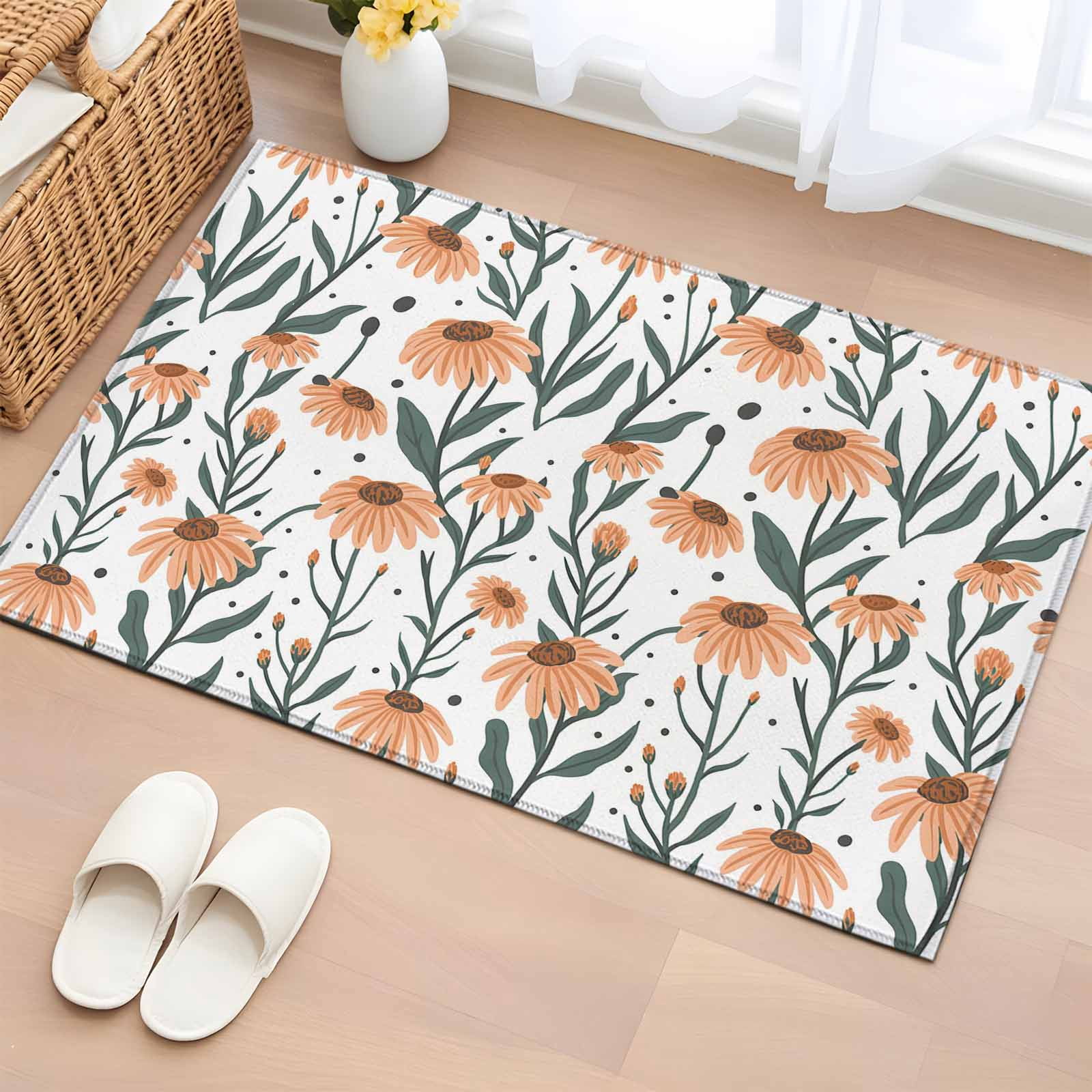 2x3 Ft Entryway Area Rug, Orange Flower Kitchen Rug Runner Washable ...
