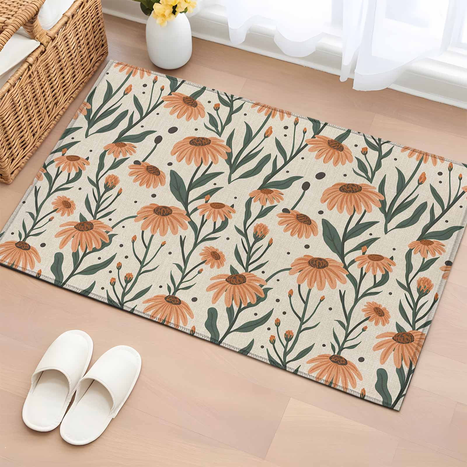 2x3 Ft Entryway Area Rug, Orange Flower Kitchen Rug Runner Washable ...