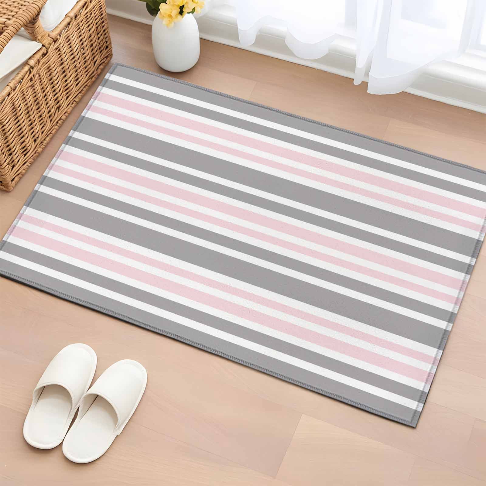 2x3 Ft Entryway Area Rug, Pink Grey Striped Kitchen Rug Runner Washable ...