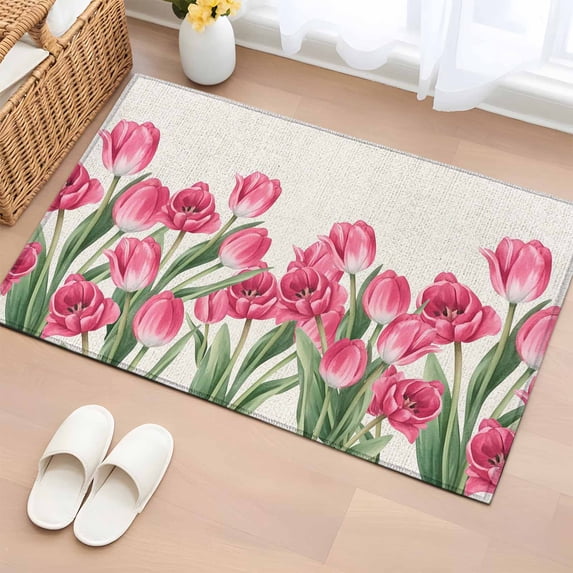 2x3 Ft Entryway Area Rug, Pink Tulip Flower Kitchen Rug Runner Washable ...