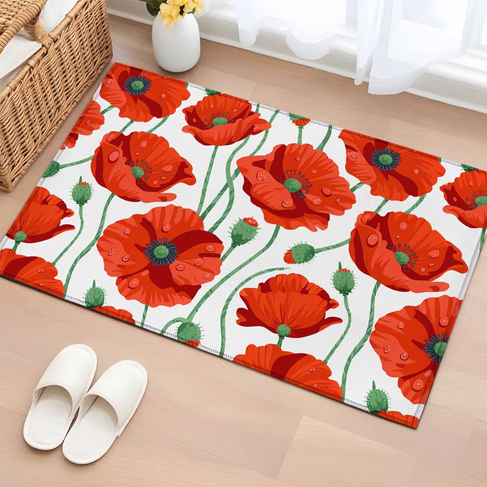 2x3 Ft Entryway Area Rug, Red Flowers Kitchen Rug Runner Washable Floor ...