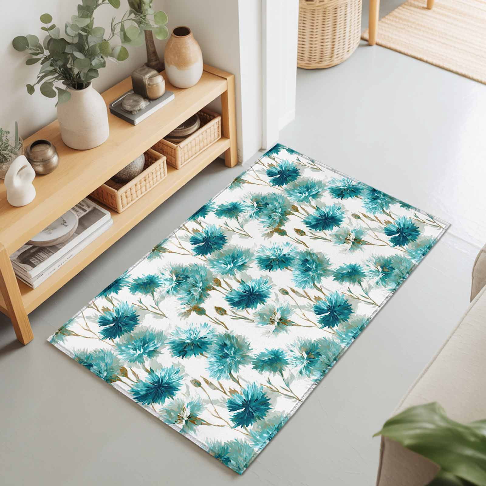 2x3 Ft Entryway Area Rug, Teal Green Floral Kitchen Rug Runner Washable ...
