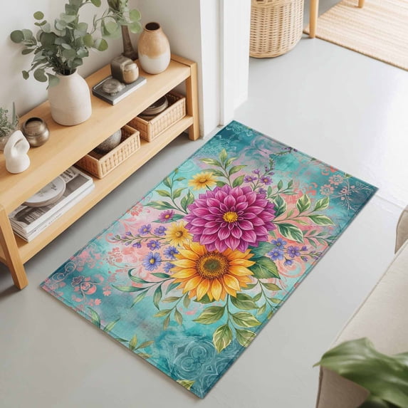2x3 Ft Entryway Area Rug, Teal Spring Floral Kitchen Rug Runner ...