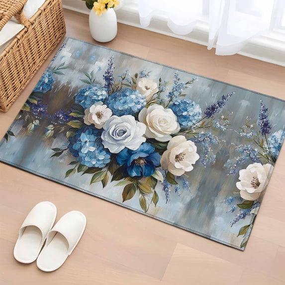 2x3 Ft Entryway Area Rug, White Blue Spring Floral Kitchen Rug Runner ...