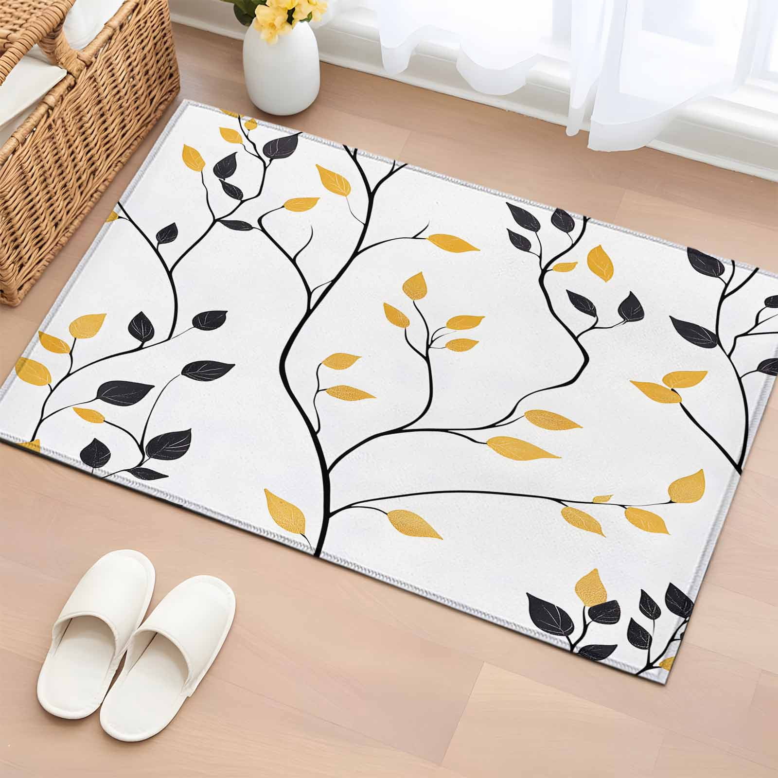 2x3 Ft Entryway Area Rug, Yellow Black Leaves Kitchen Rug Runner ...