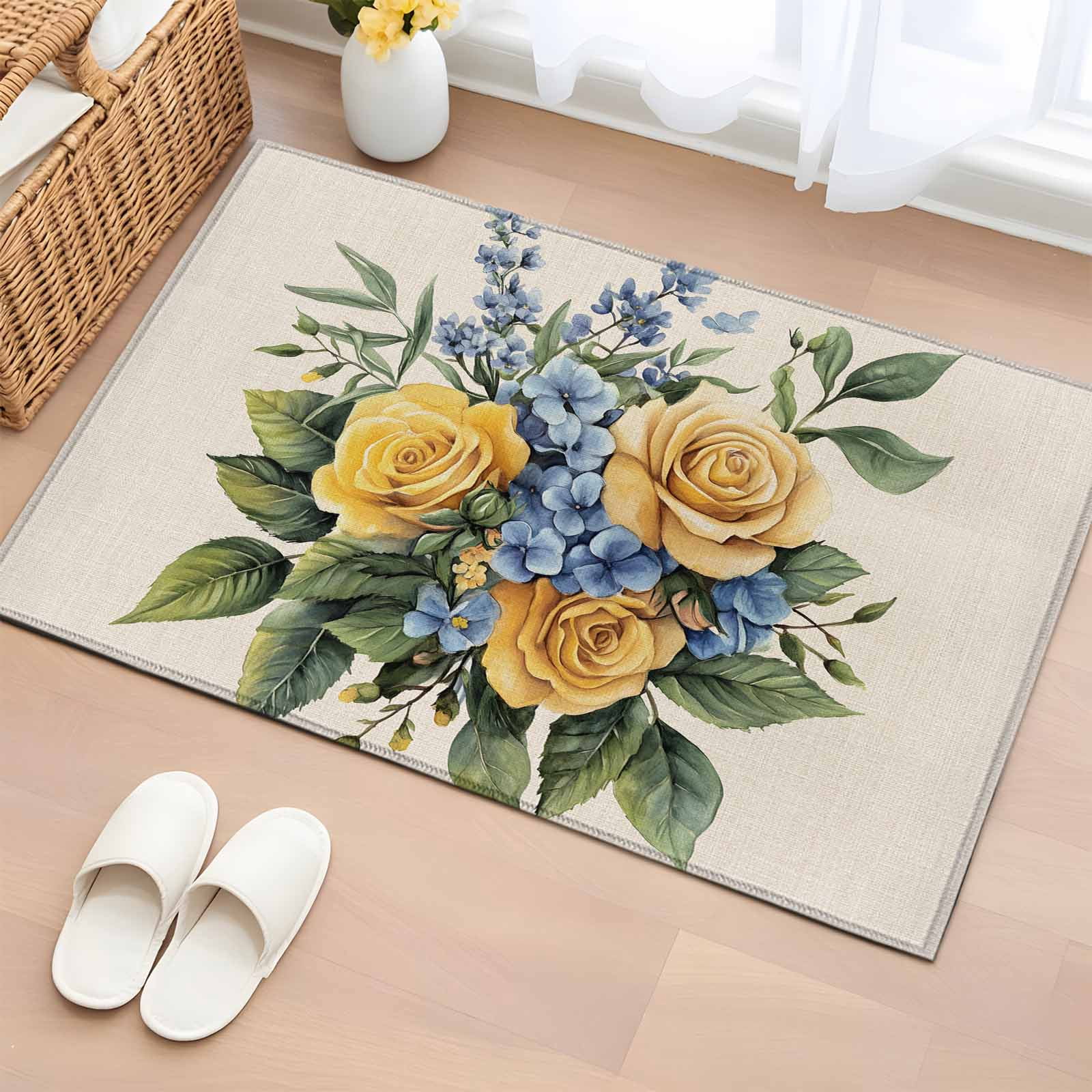 2x3 Ft Entryway Area Rug, Yellow Blue Floral Leaves Kitchen Rug Runner ...