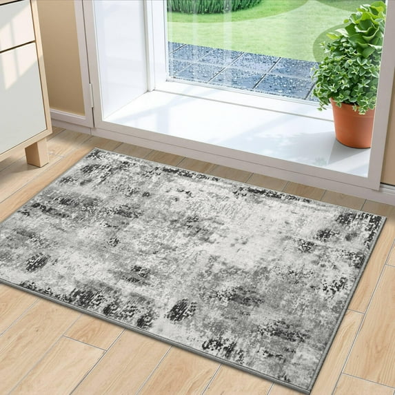 2x3 Gray Washable Rug, Modern Abstract Non Slip Carpet for Front Door ...