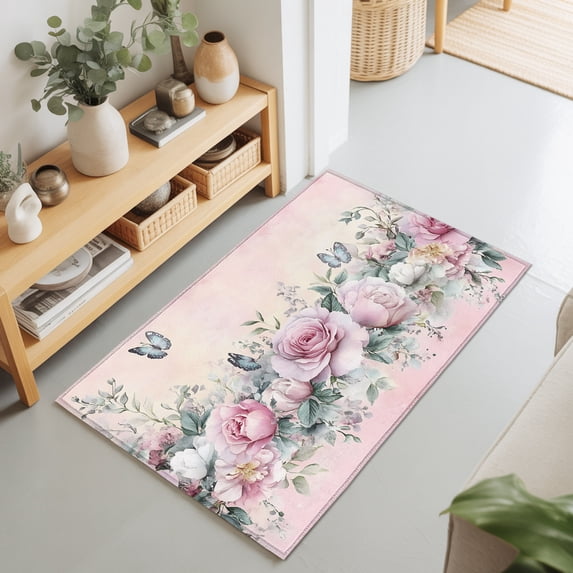 2x3 Ombre Pink Rose Butterfly Small Area Rug for Entryway, Washable Non ...
