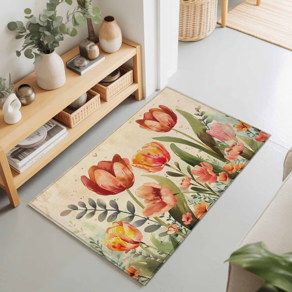 2x3 Orange Tulip Flower Floral Small Area Rug for Entryway, Washable ...