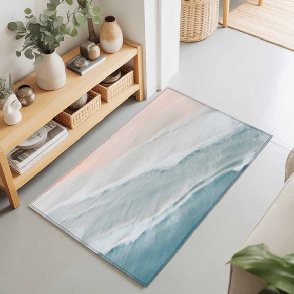 2x3 Teal Beach Waves Small Area Rug for Entryway, Washable Non Slip Low ...