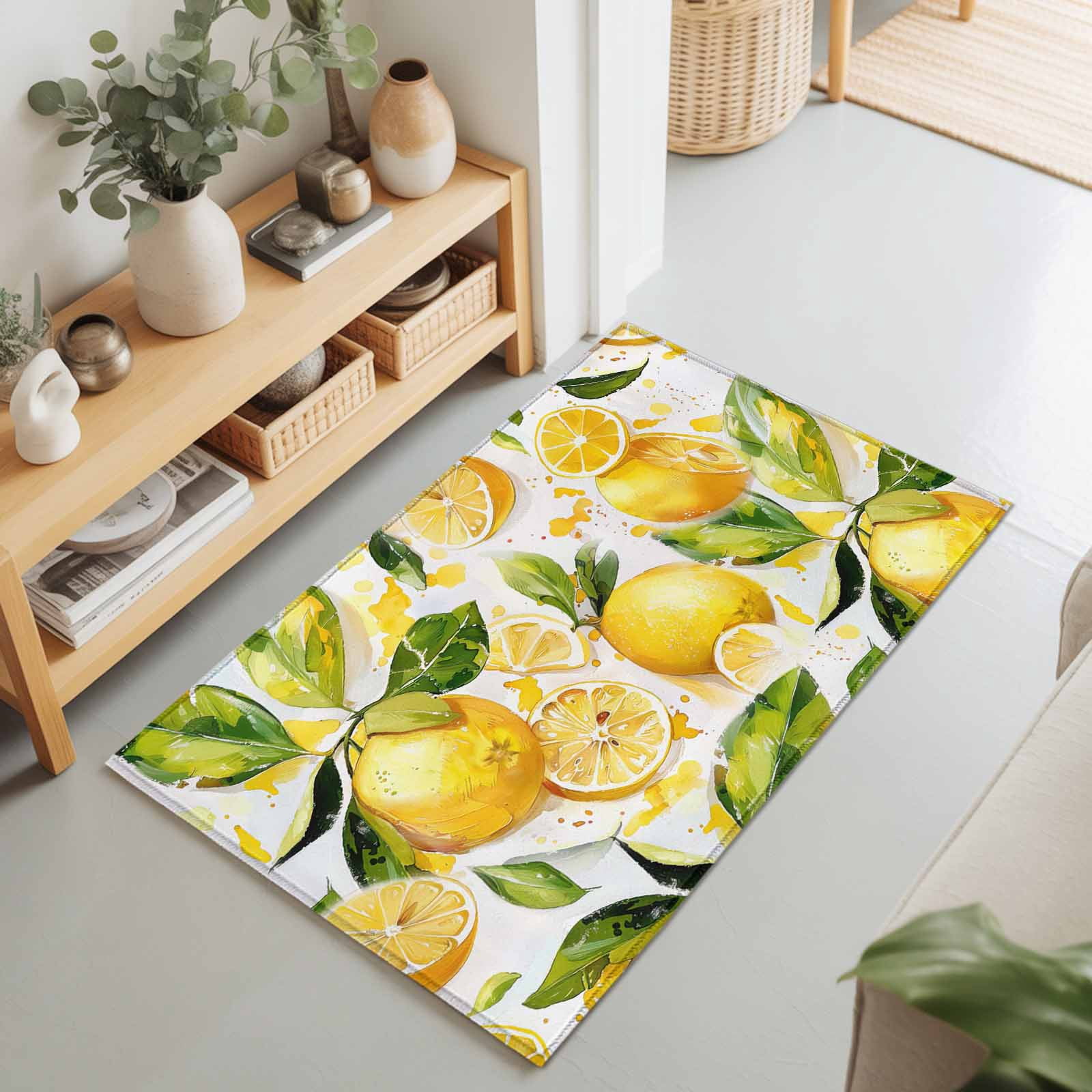 2x3 Yellow Lemon Leaves Small Area Rug for Entryway, Washable Non Slip ...