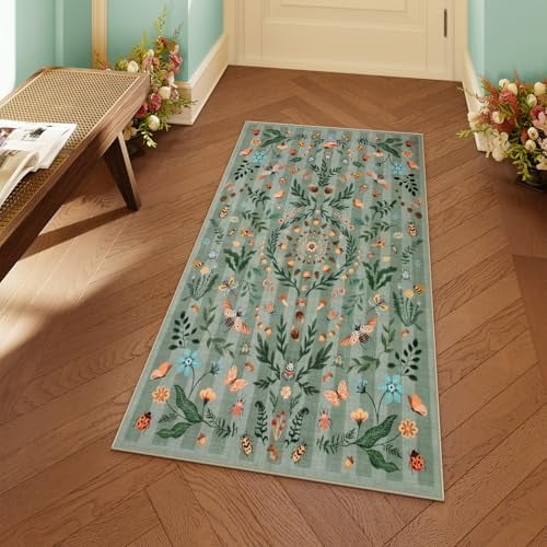 2x4 Green Kitchen Runner Rugs Non Skid Washable, Insect Botanical Rug ...