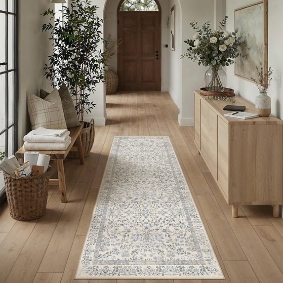 2x5 Blue Area Rug For Kitchen Washable Vintage Floral Carpet Low Pile ...