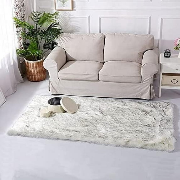 2x5 Runner Faux Fur Rug White with Grey Tips Rugs Washable Sheepskin ...