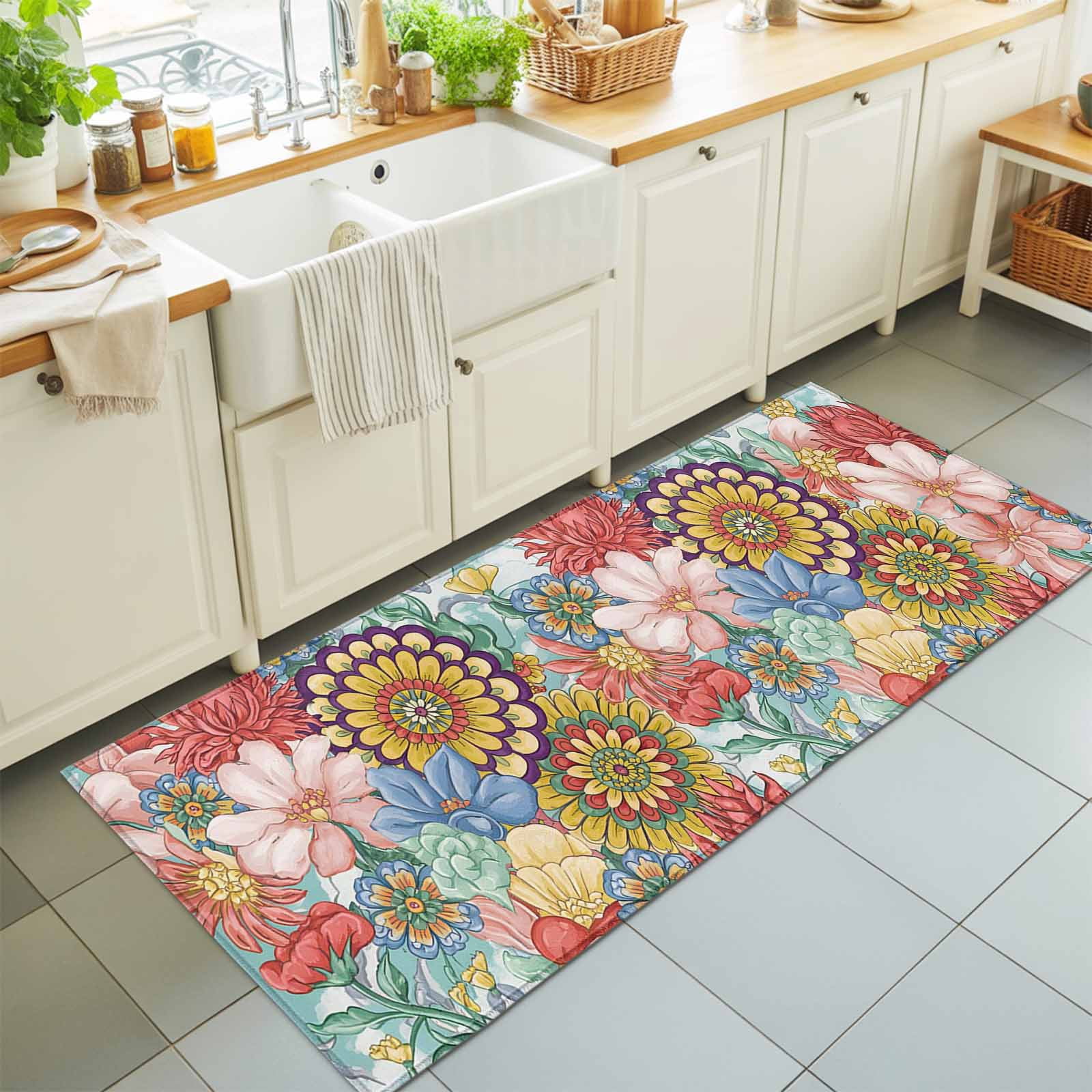 2x6 Bohemian Flowers Runner Rug for Hallway, Washable Non Slip Low Pile ...