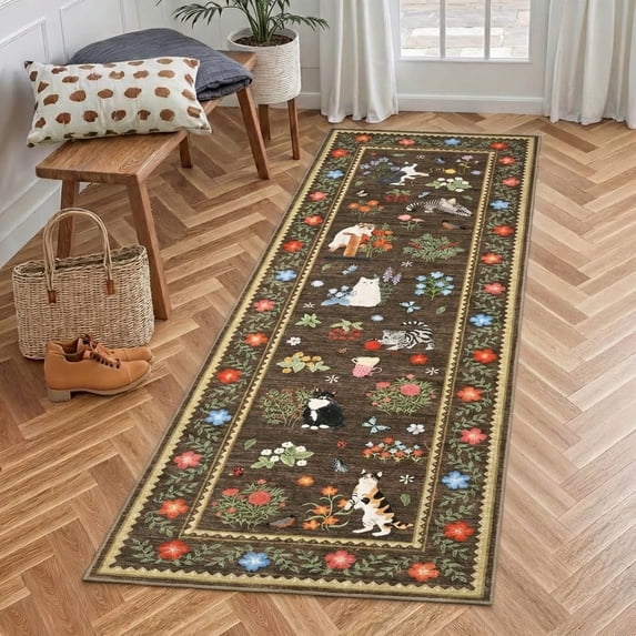 2x6 Cat Runner Rug Floral Washable Rug for Entryway, Animal Print ...