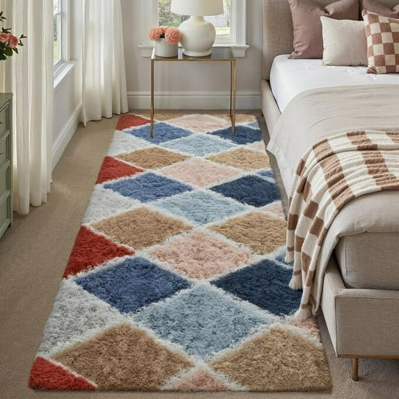 2x6 Checkered Rug Rainbow Modern Soft Area Rug Fluffy Non-Slip Carpet ...