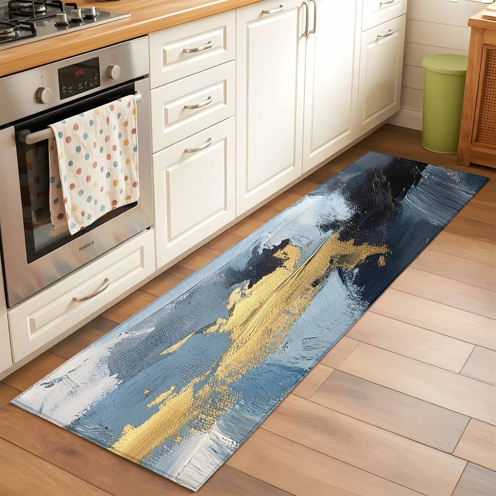 2x6 Kitchen Runner Rug, Blue Black Yellow Oil Painting Non-Skid Rubber ...
