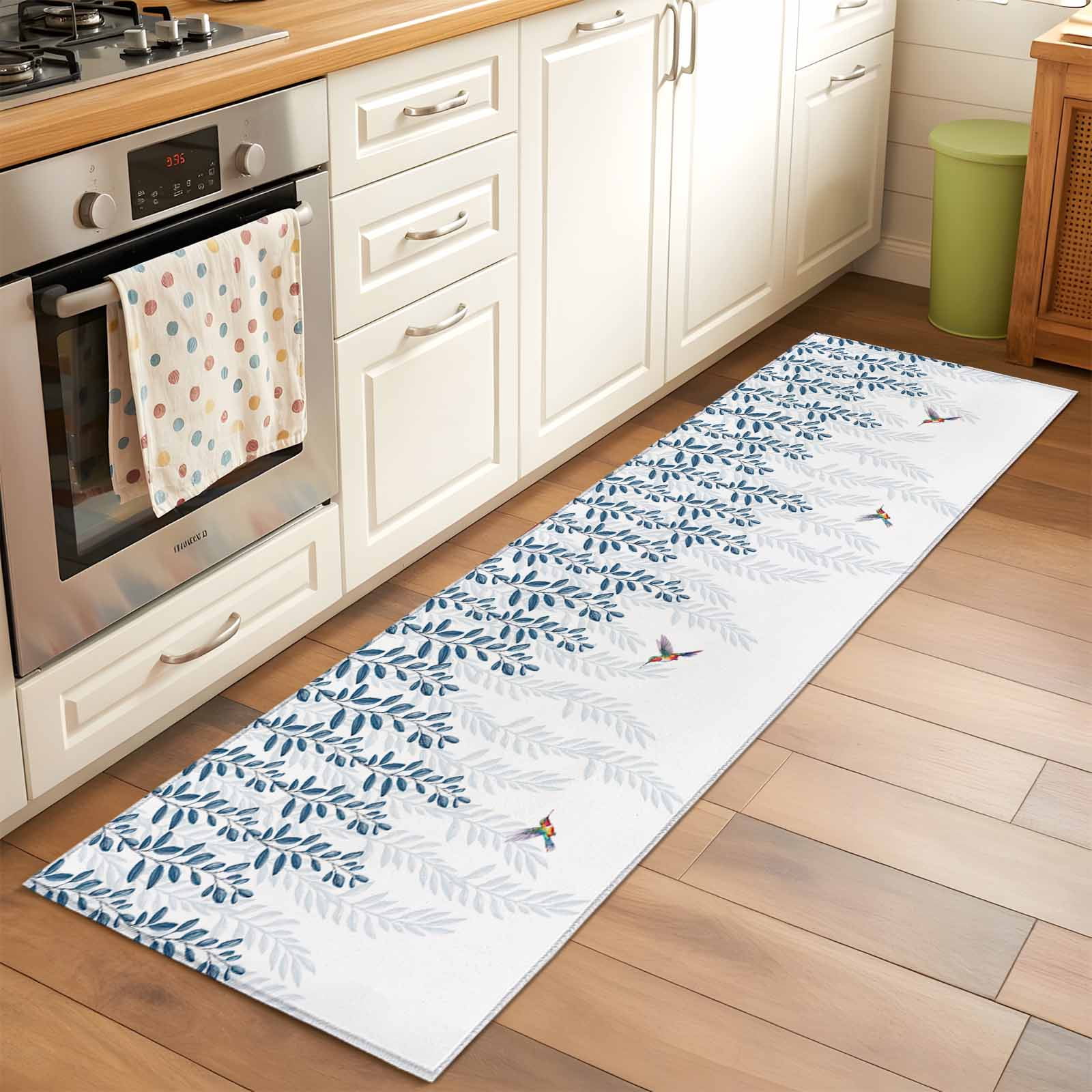 2x6 Kitchen Runner Rug, Blue Botanical Non-Skid Rubber Backing Large ...
