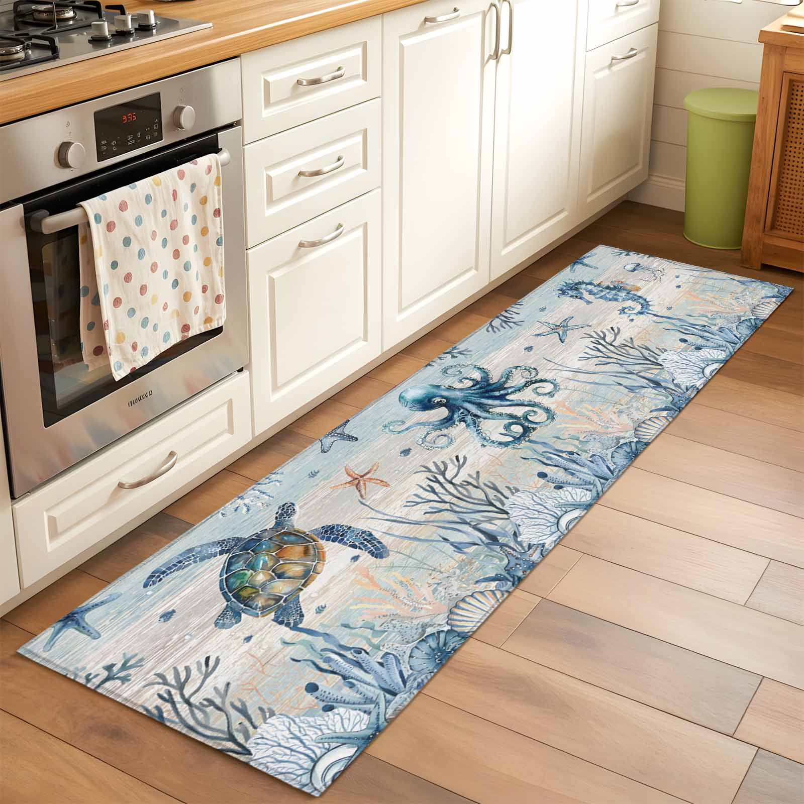 2x6 Kitchen Runner Rug, Blue Coastal Non-Skid Rubber Backing Large ...