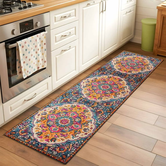 2x6 Kitchen Runner Rug, Blue Pink Non-Skid Rubber Backing Large ...
