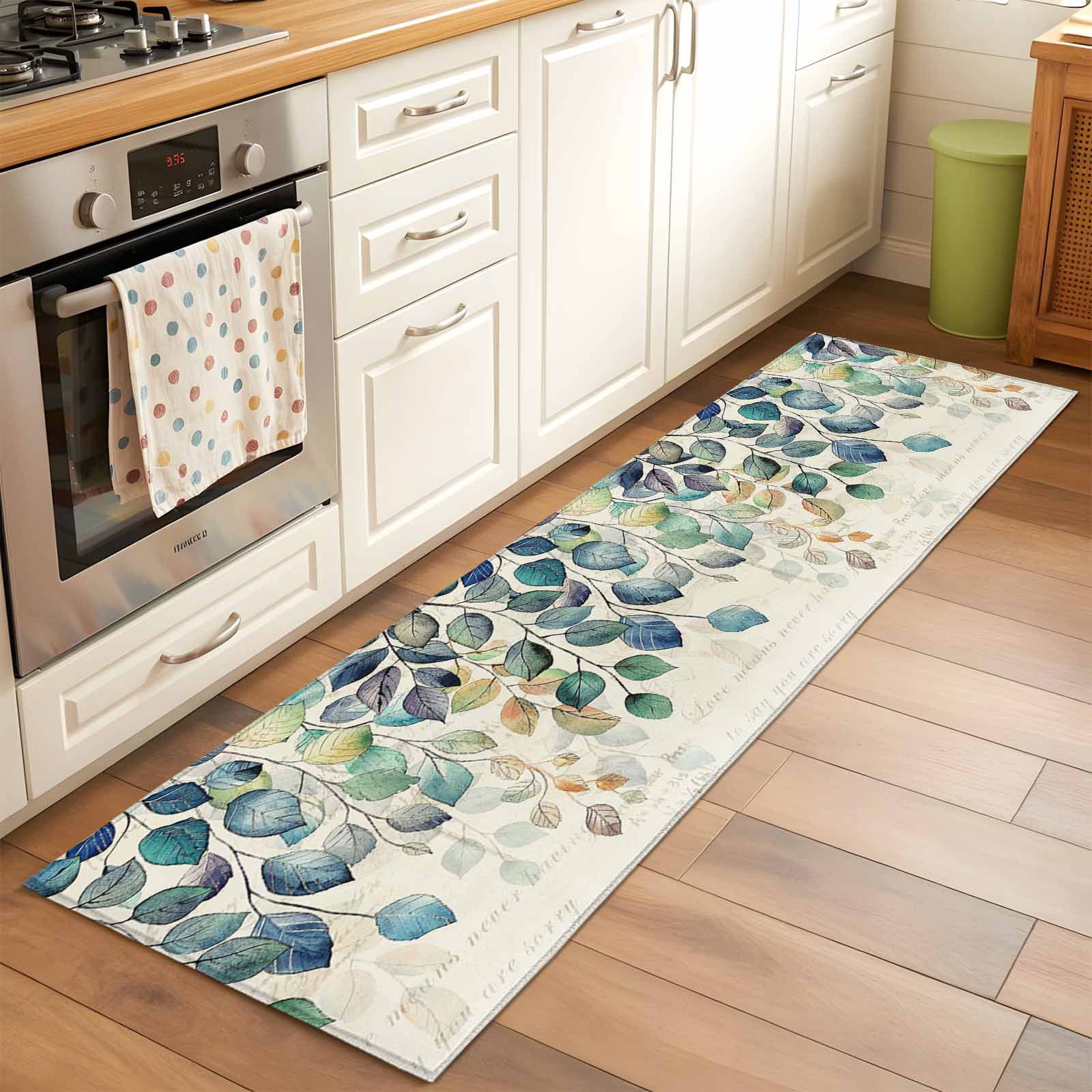 2x6 Kitchen Runner Rug, Blue Teal Botanical Non-Skid Rubber Backing ...