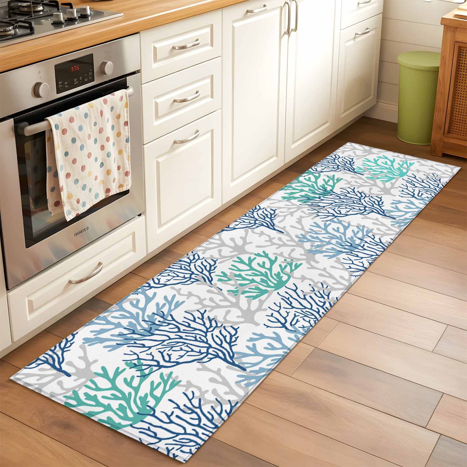 2x6 Kitchen Runner Rug, Blue Teal Grey Coral Coastal Non-Skid Rubber ...