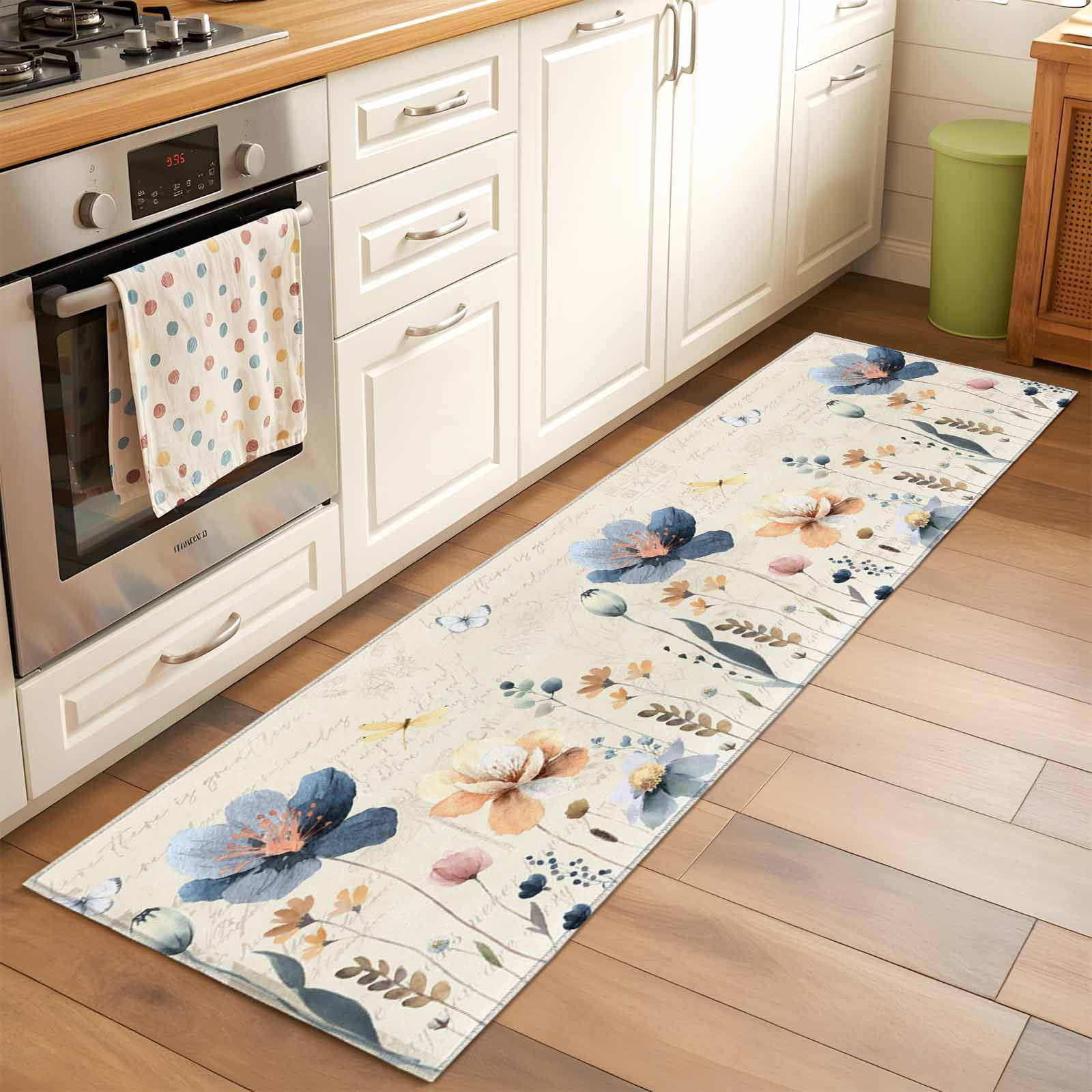 2x6 Kitchen Runner Rug, Blue Yellow Flowers Non-Skid Rubber Backing ...