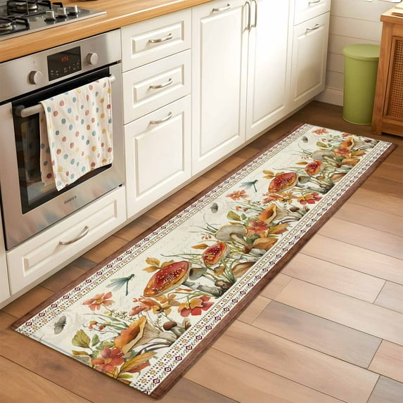 2x6 Kitchen Runner Rug, Botanical Mushrooms Non-Skid Rubber Backing ...