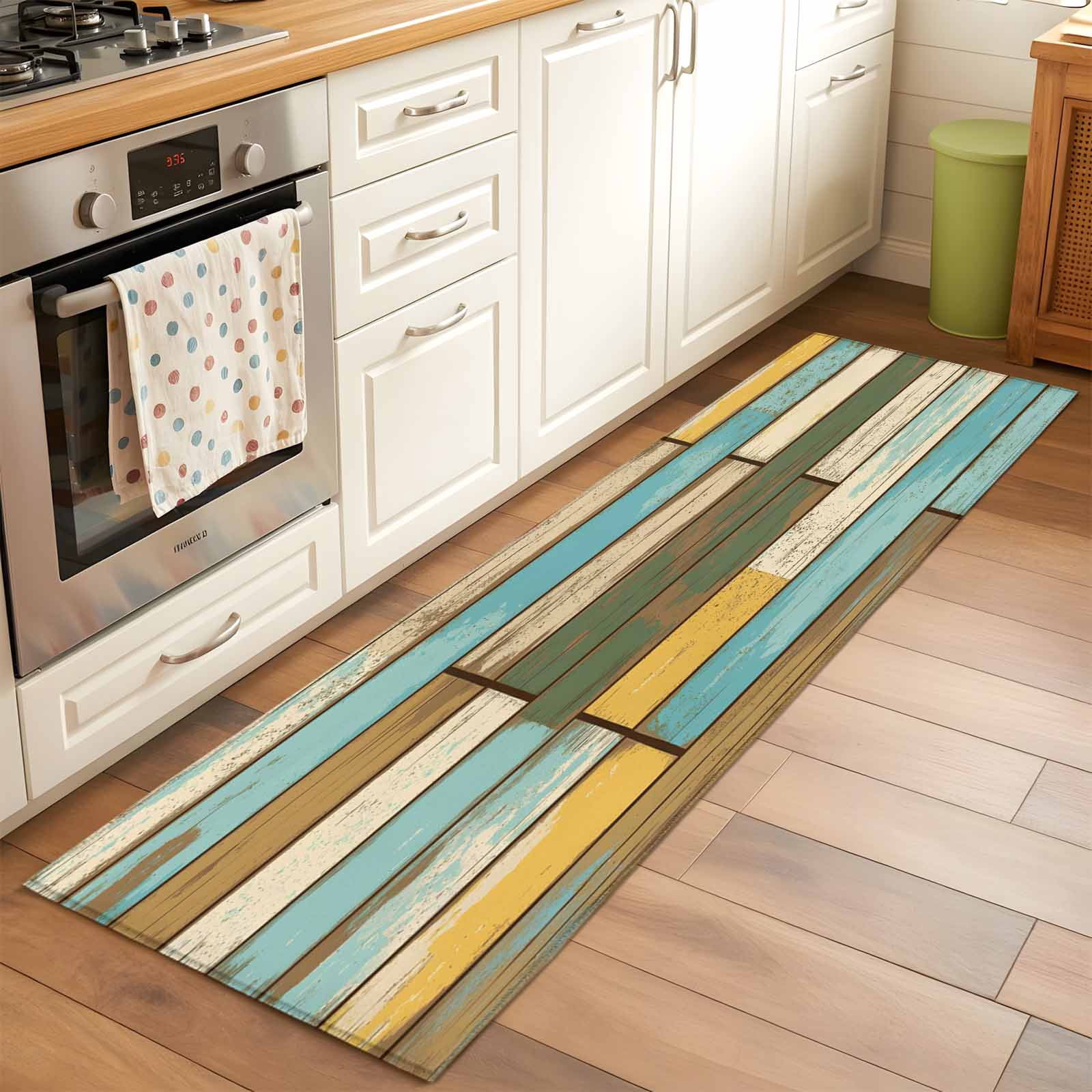 2x6 Kitchen Runner Rug, Brown Blue Vintage Non-Skid Rubber Backing ...