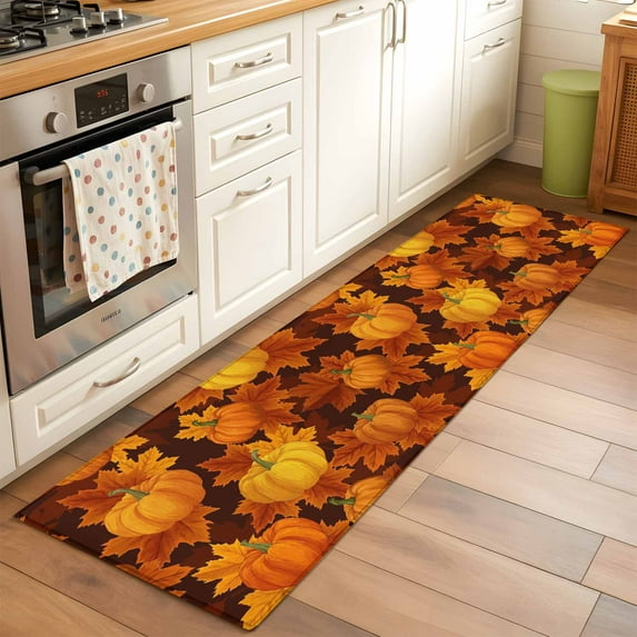 2x6 Kitchen Runner Rug, Orange Pumpkins Fall Non-Skid Rubber Backing ...