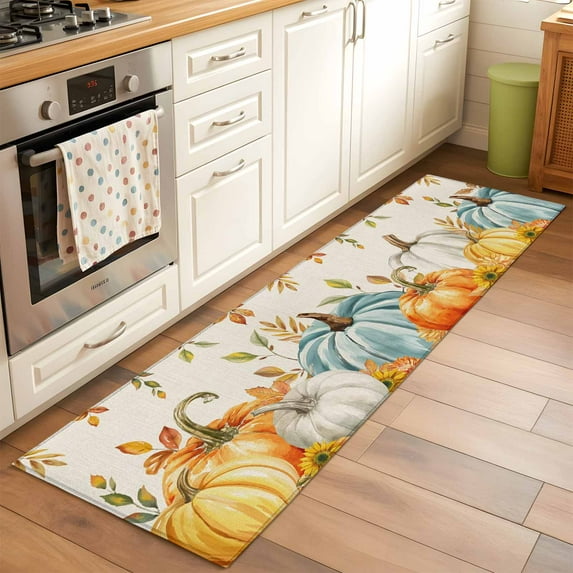 2x6 Kitchen Runner Rug, Orange White Pumpkin Fall Non-Skid Rubber ...