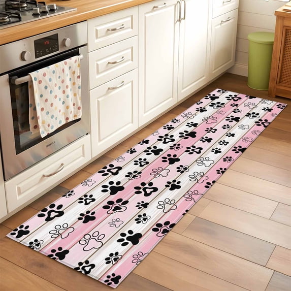 2x6 Kitchen Runner Rug, Pink Beige Paw Print Non-Skid Rubber Backing ...