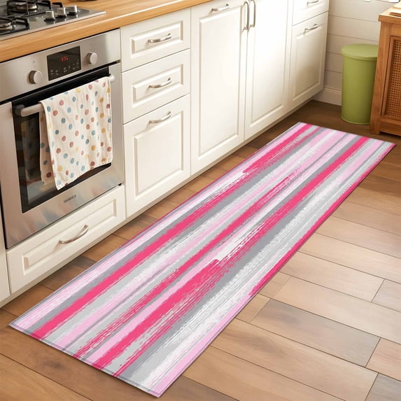 2x6 Kitchen Runner Rug, Pink Gray Stripes Non-Skid Rubber Backing Large ...