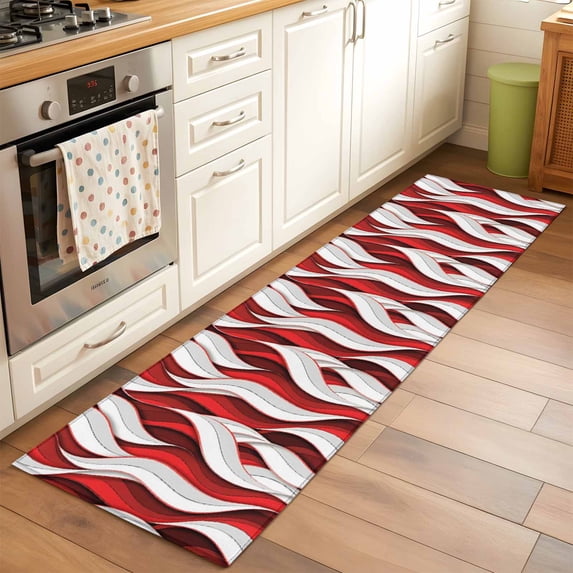 2x6 Kitchen Runner Rug, Red White Moire Non-Skid Rubber Backing Large ...